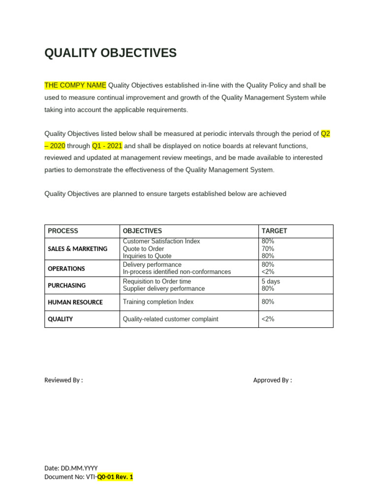Quality Objectives for 2020-2021 | PDF