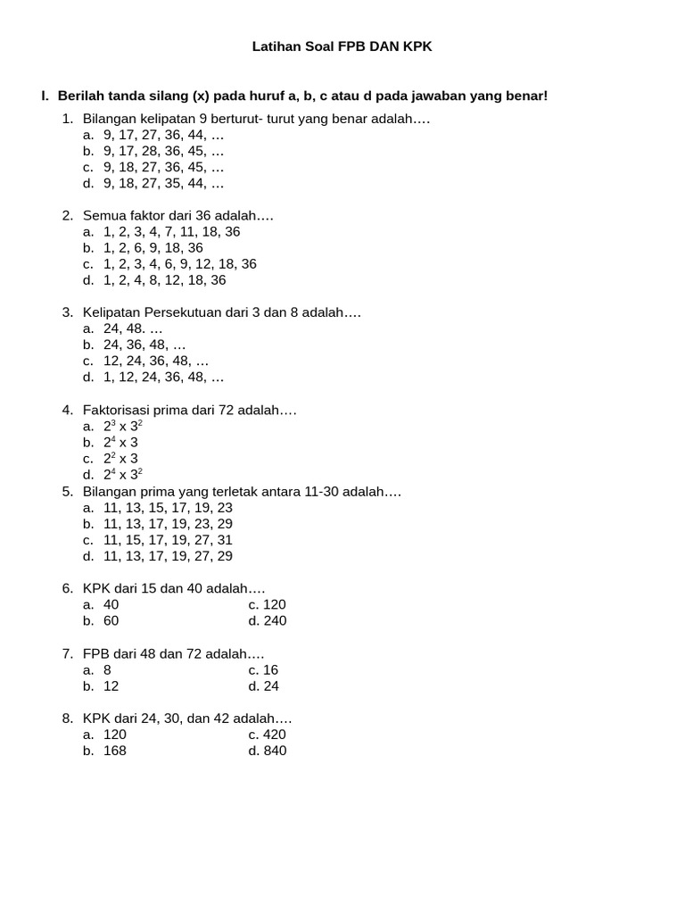 702309931-Latihan-Soal-Matematika-Bab-KPK-dan-FPB-Kelas-5-Kurmer | PDF