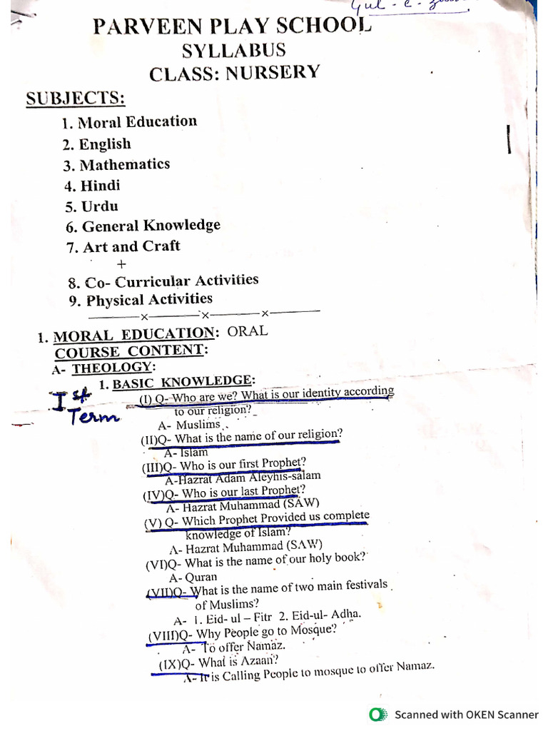 Class Nursery Syllabus | PDF