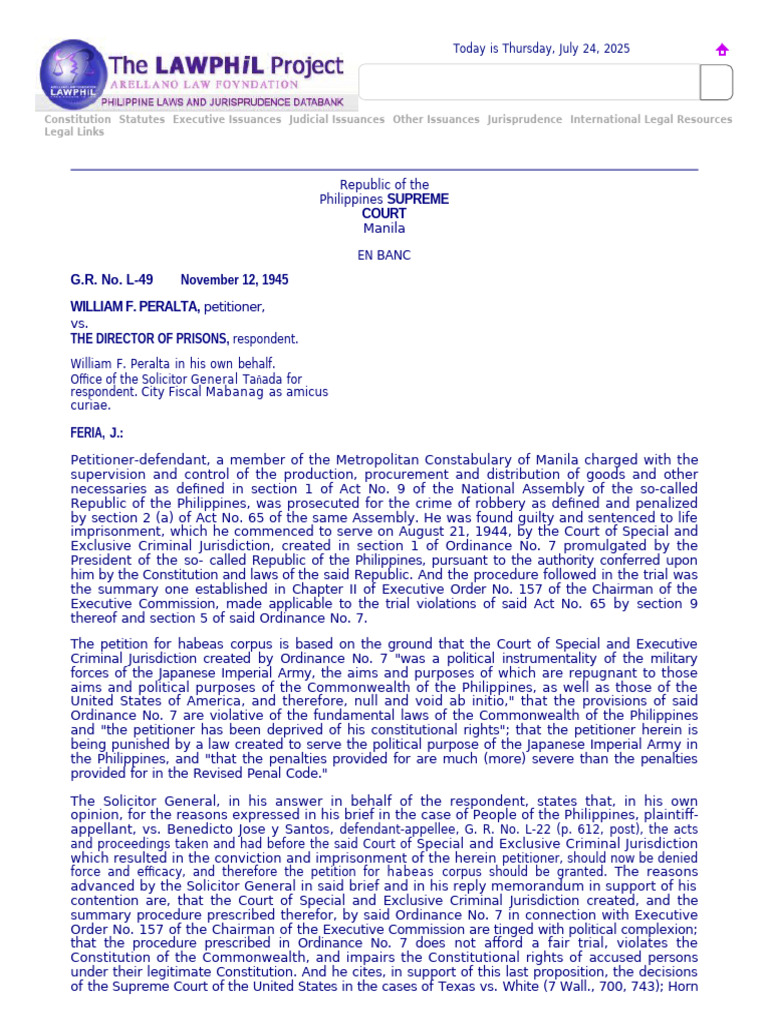 Peralta Vs Director of Prisons, 75 Phil 286 | PDF | Crimes | Crime ...