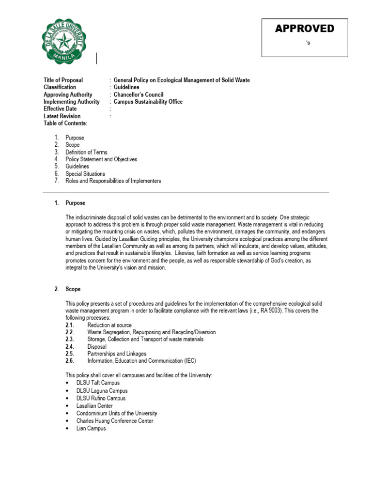 Ecological Solid Waste Management Policy | PDF | Waste Management | Waste