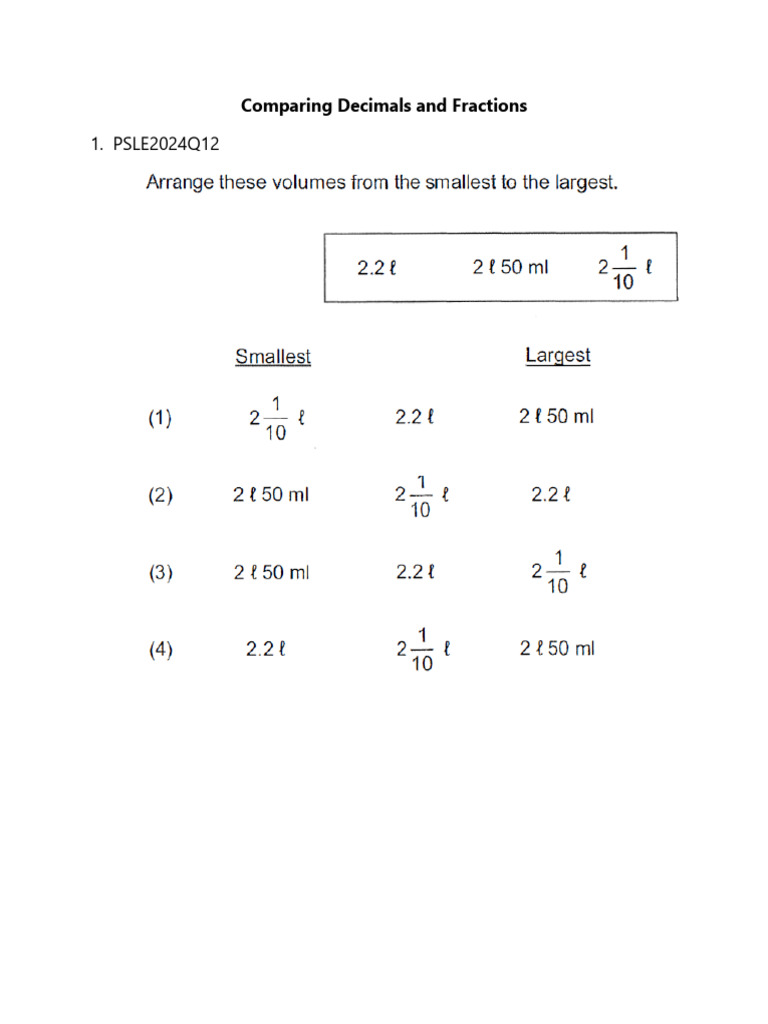 PSLE Comparing Decimals and Fractions-1 | PDF
