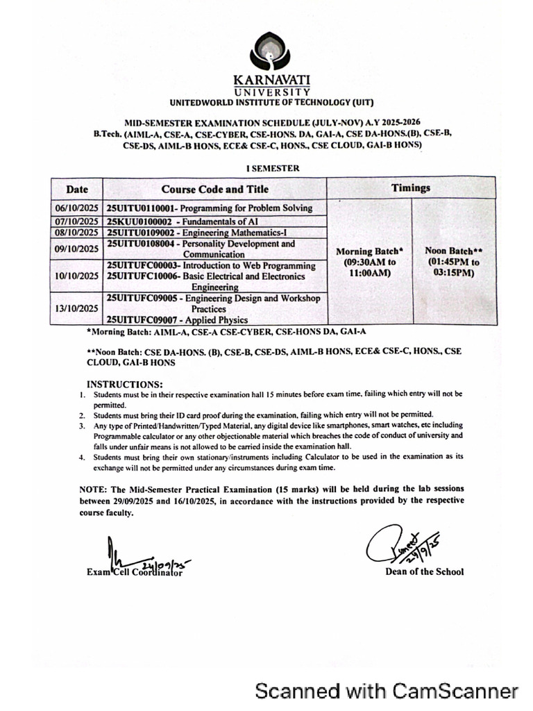 First Year Mid Sem Exam Schedule UIT Oct 2025 | PDF