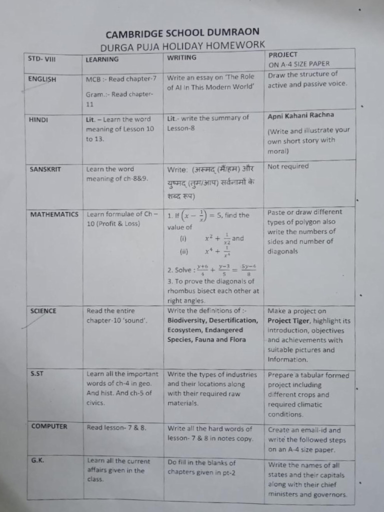 Durga Puja Holiday Homework | PDF