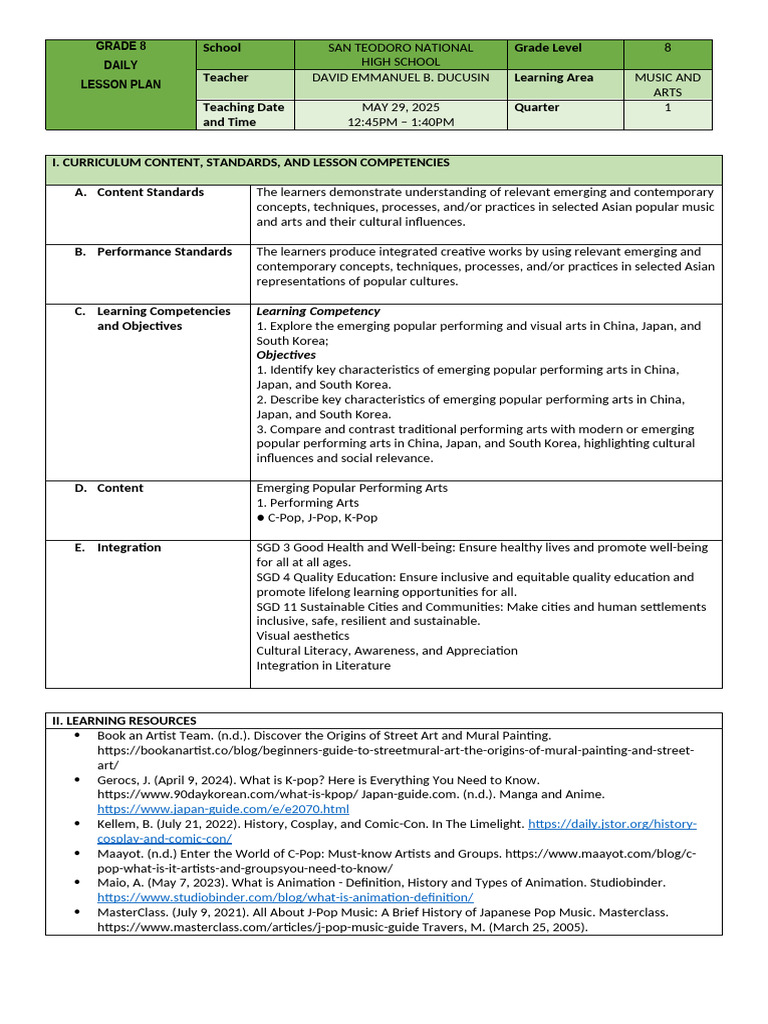 Grade 8 Music and Arts Lesson Plan | PDF