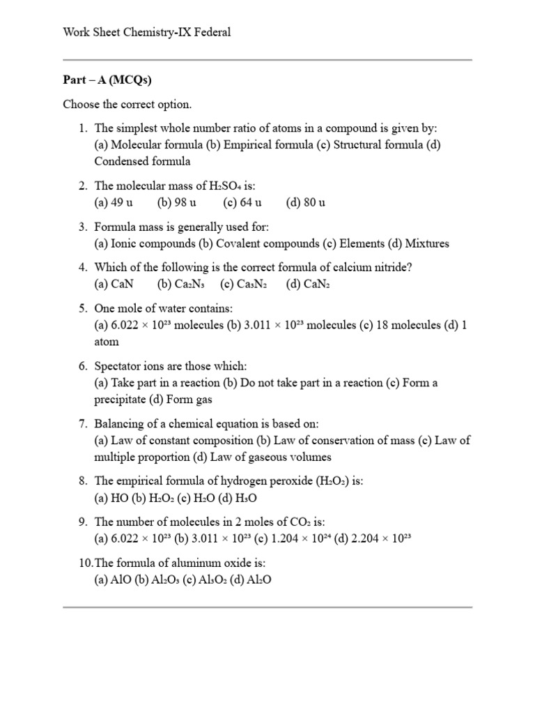 Chemistry IX Worksheet: MCQs & Questions | PDF | Molecules | Chemical ...