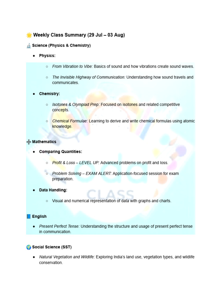 ? Weekly Class Summary (29 Jul - 03 Aug) | PDF