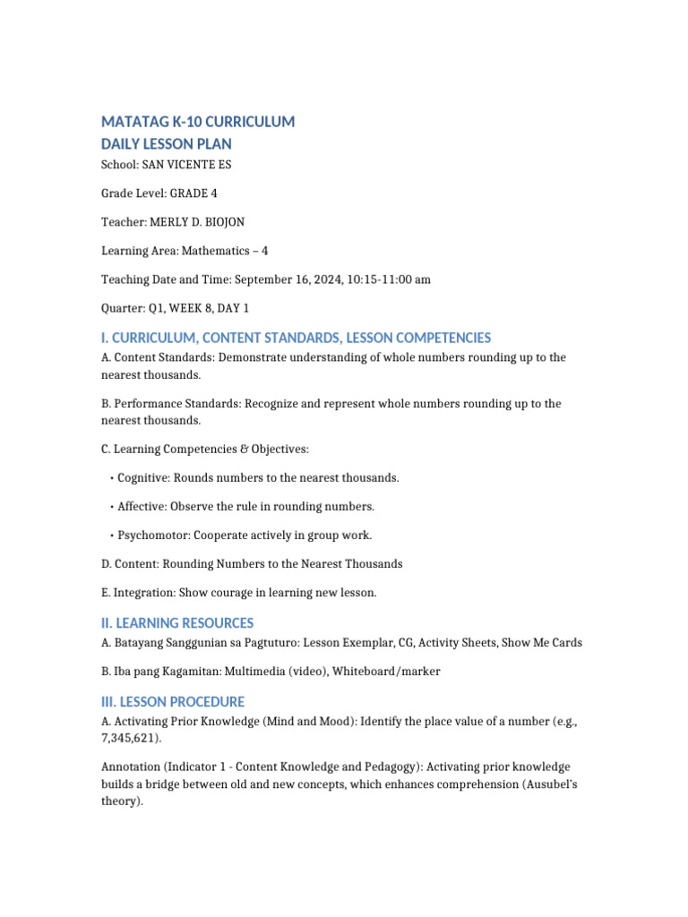 Grade 4 Math DLL with Annotations | PDF | Learning | Educational Assessment