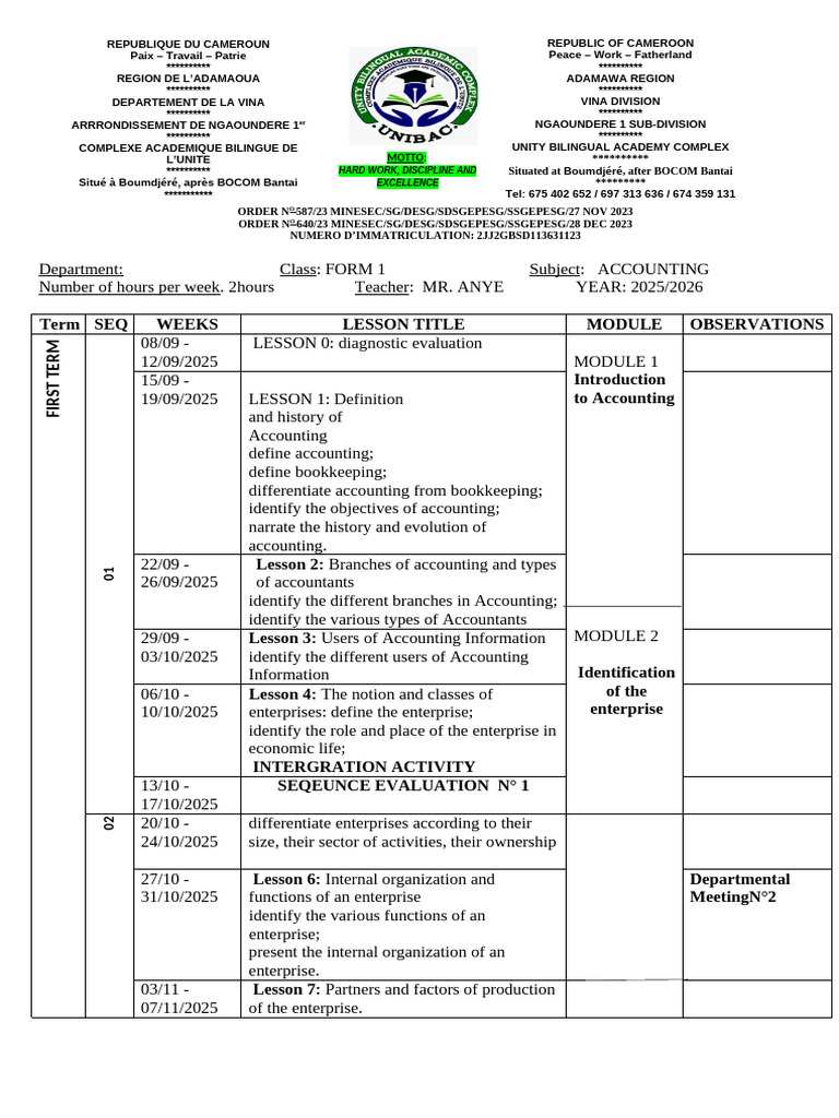 Annual Progression Sheet For ACCOUNTING FORM 1 2025 - 2026 | PDF ...