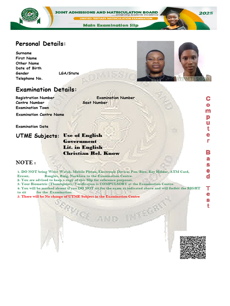 Ologan Esther Main Examination Slip | PDF