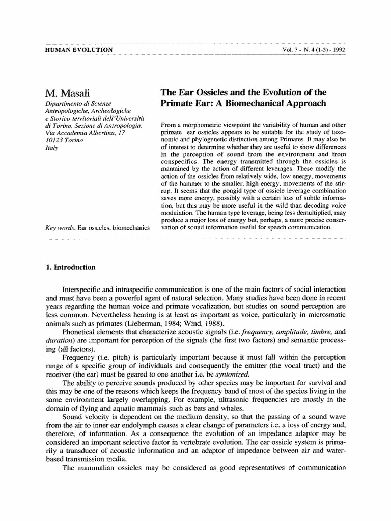 M. Masali - The Ear Ossicles and The Evolution of The Primate Ear (1992 ...