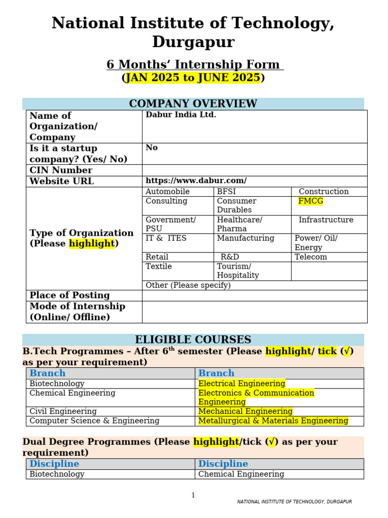 Dabur 6M Internship Form NIT Durgapur | PDF | Engineering