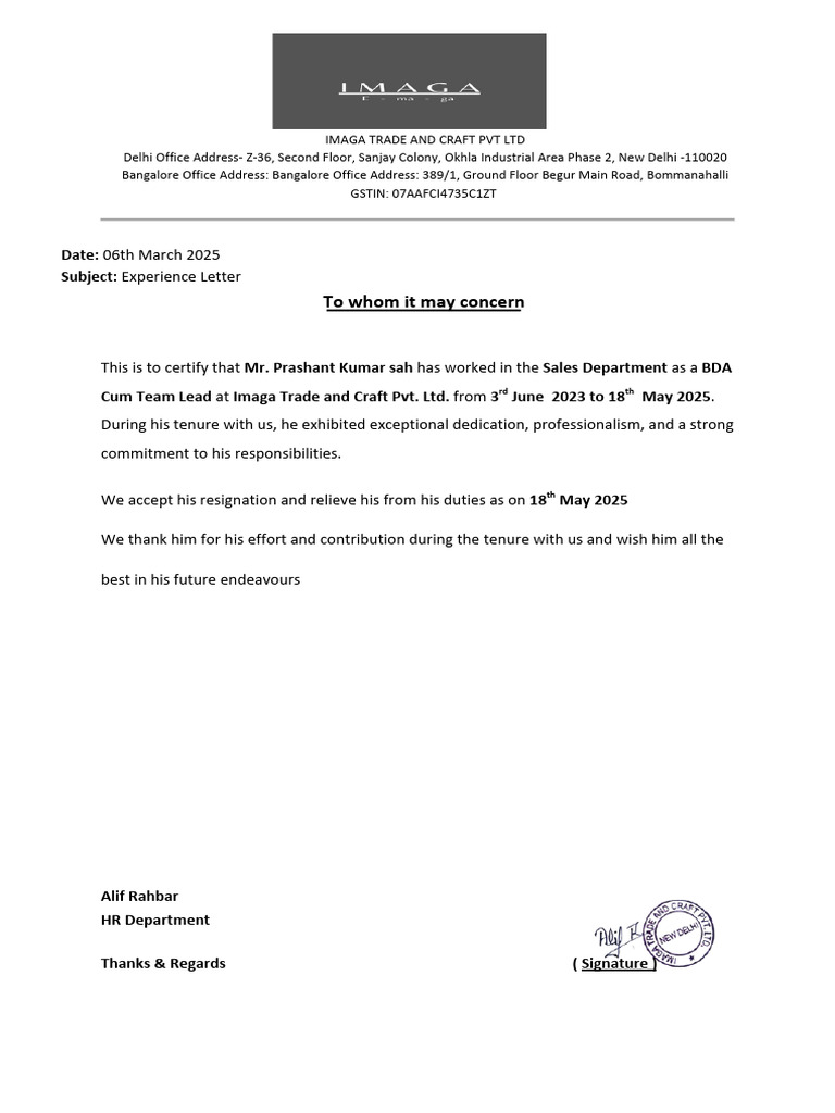 Experience Letter - Arjun PDF | PDF