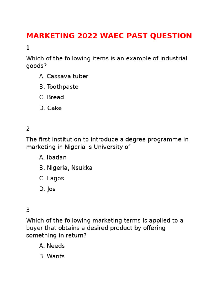 2022 WAEC Marketing Past Questions | PDF | Marketing | Retail