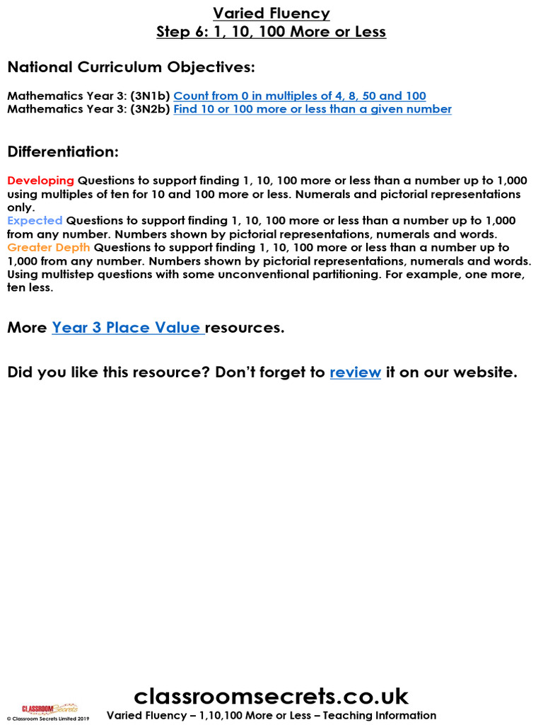 Year 3: 1, 10, 100 More or Less | PDF | Numbers | Mathematics