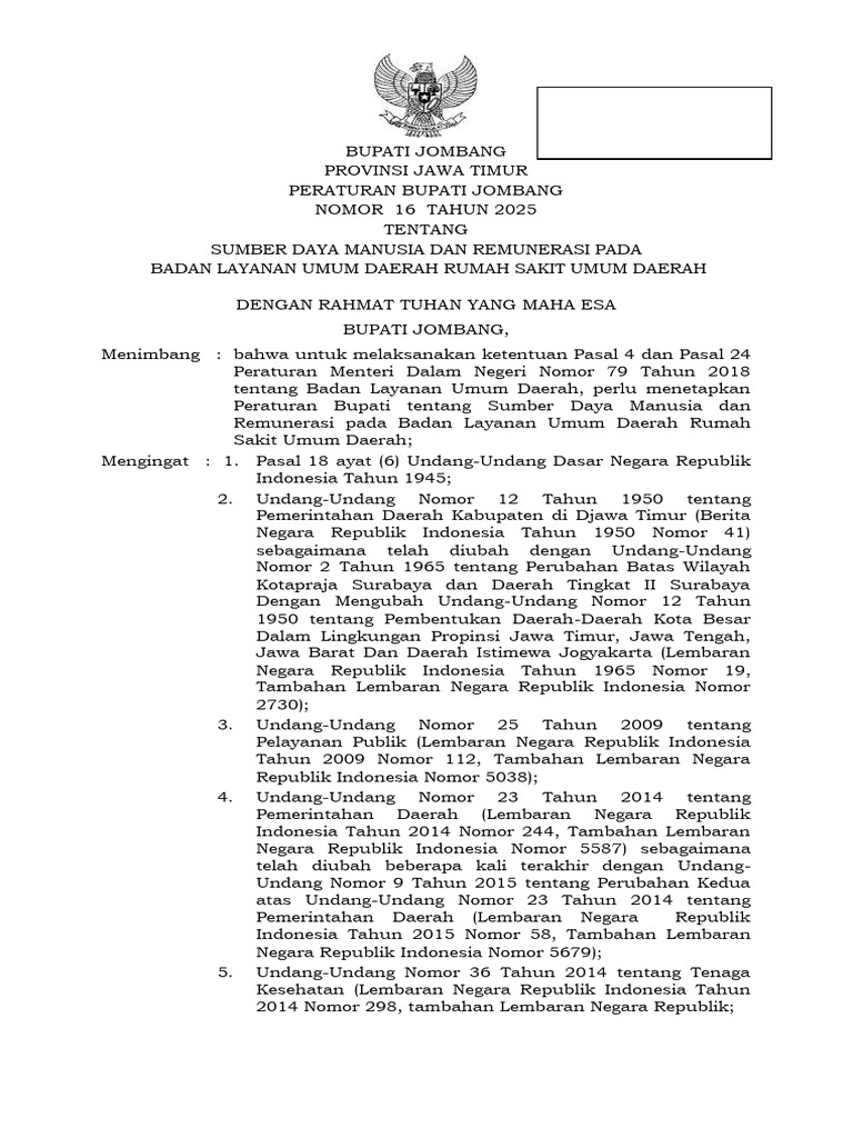 Perbup Nomor 16 Tahun 2025 Tentang Sumber Daya Manusia Dan Remunerasi Pada Badan Layanan Umum ...