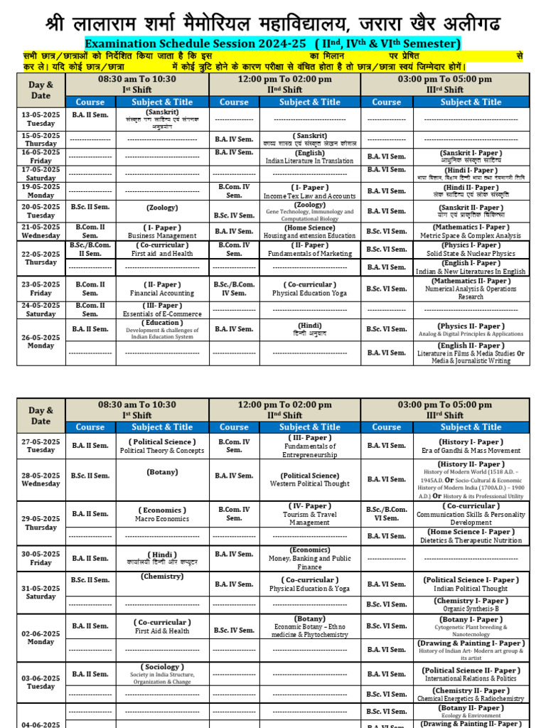 2024-25 Examination Schedule Overview | PDF