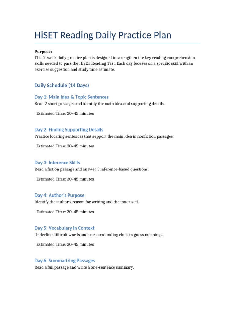 HiSET Reading Daily Practice Plan | PDF
