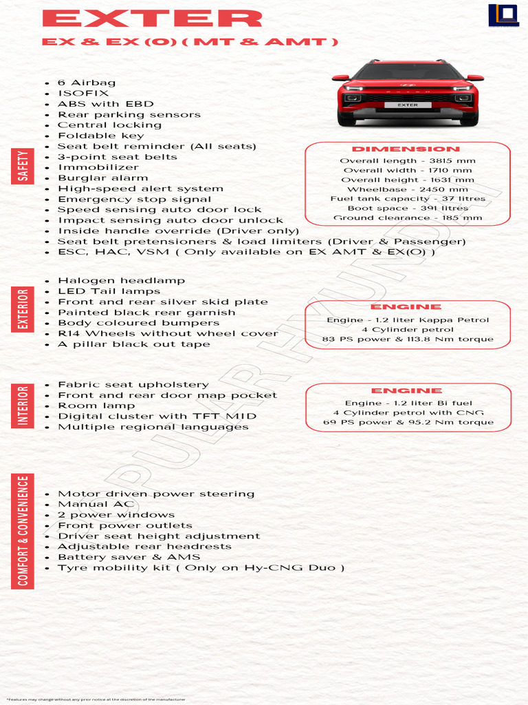 Exter Ex & Ex (O) Spec Sheet | PDF | Seat Belt | Car