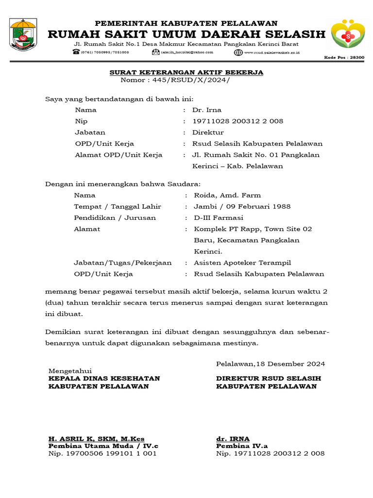 Surat Keterangan Aktif Bekerja (Roida) | PDF