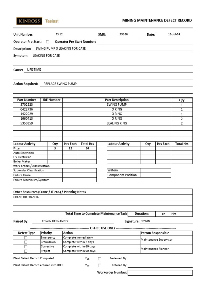 Mining Maintenance Defect Record | PDF