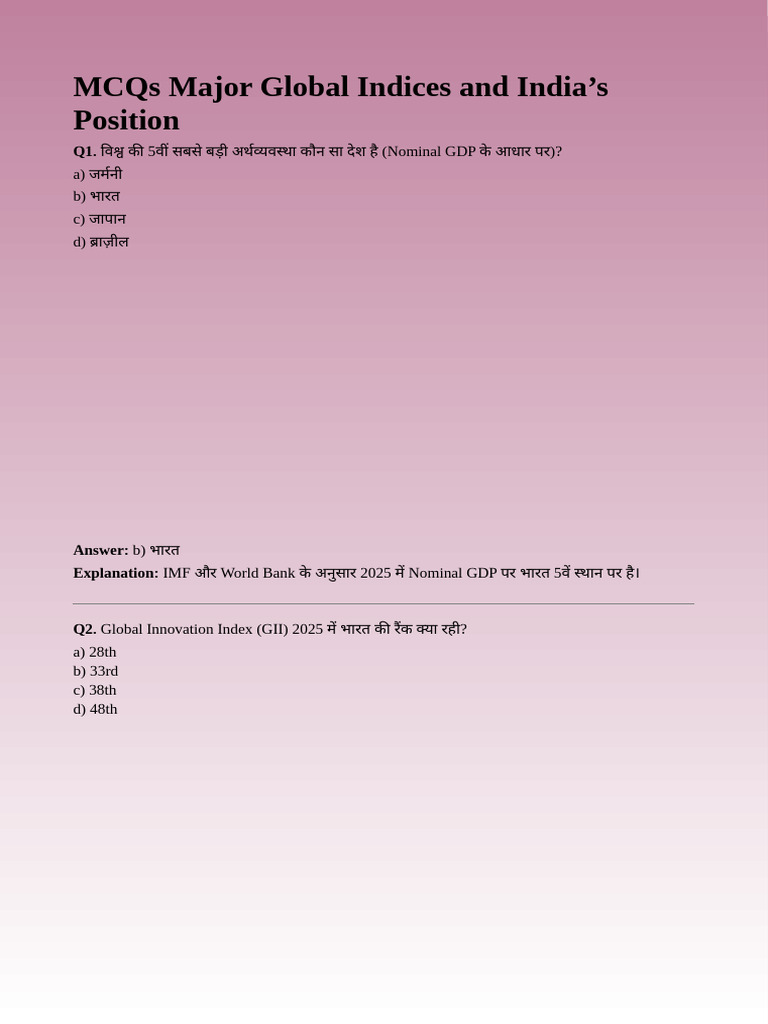 MCQ Major Global Indices and India's Position | PDF