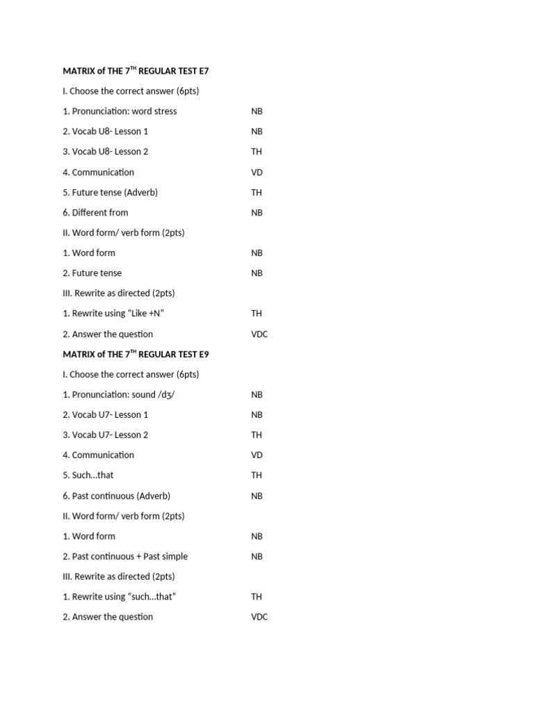 Matrix of The 7th Regular Test E7 E9 | PDF