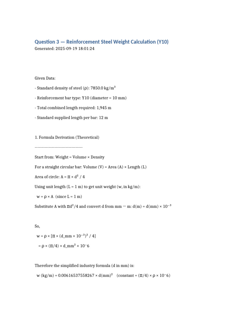 Y10 Steel Bar Weight Calculation | PDF