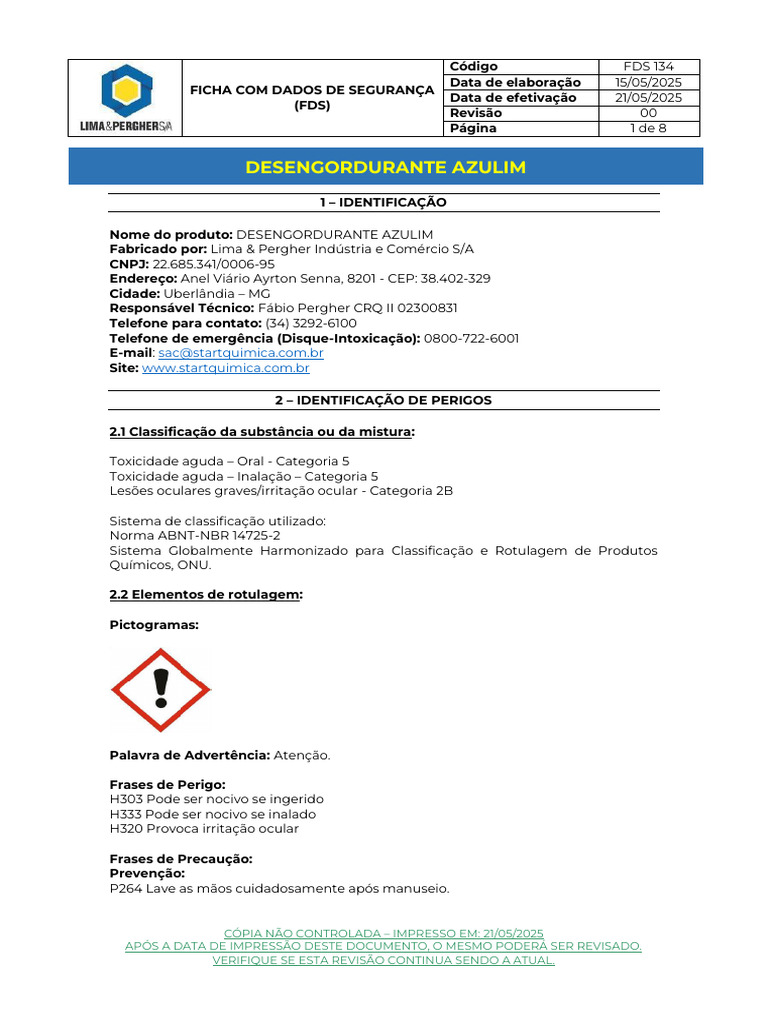 Ficha de Segurança Desengordurante Azulim | PDF | Toxicidade ...