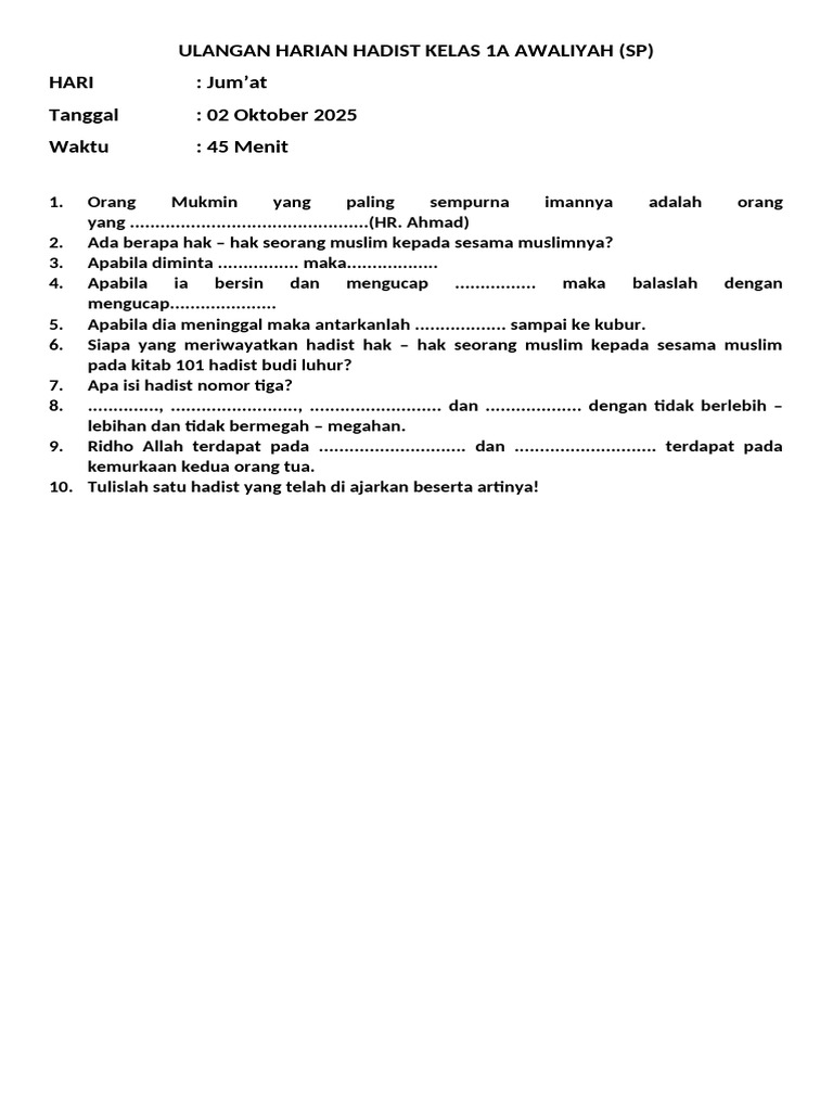 Ulangan Harian Hadist Kelas 1A Awaliyah | PDF
