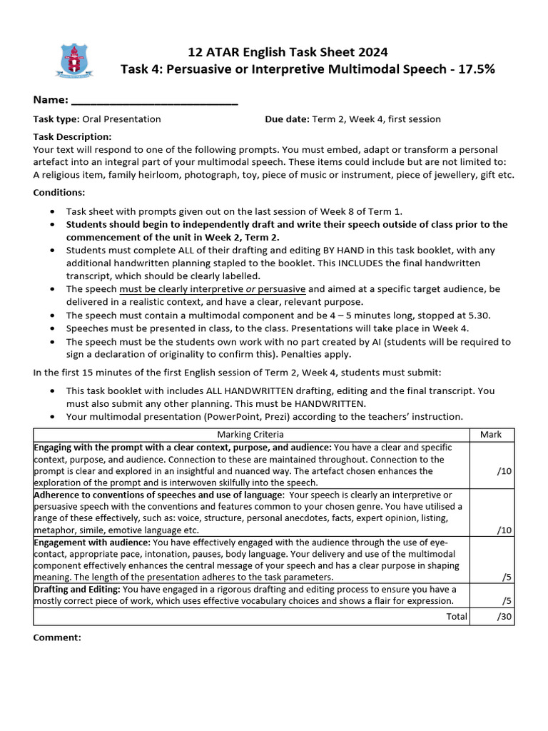 2024 ATAR English Speech Task Guide | PDF | Learning | Communication