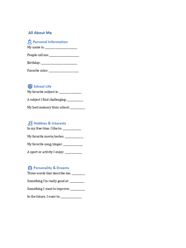 All About Me Worksheet 2 | PDF
