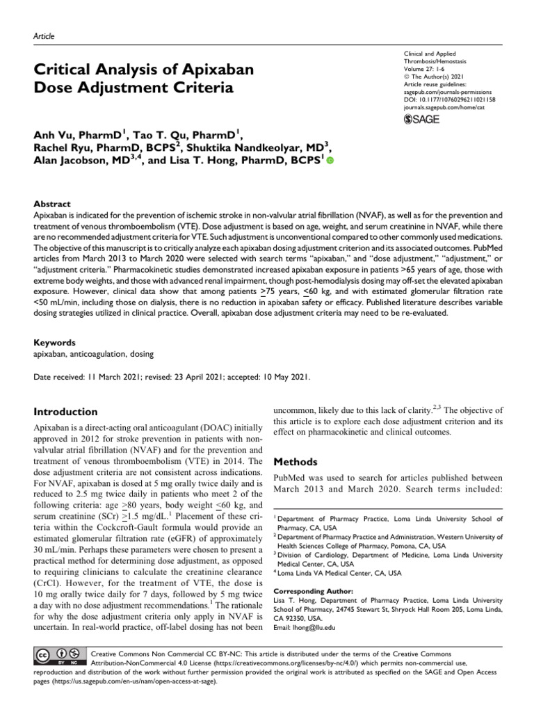 Critical Analysis of Apixaban Dose Adjustment Criteria | PDF | Dose ...