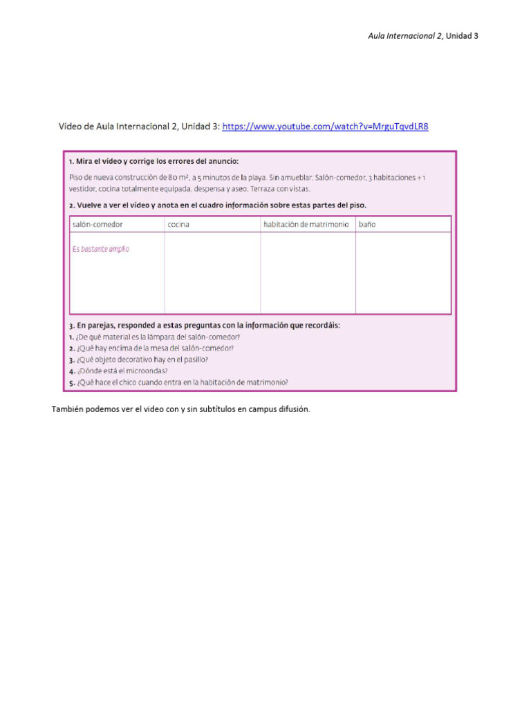 Aula Internacional 2: Unidad 3 | PDF