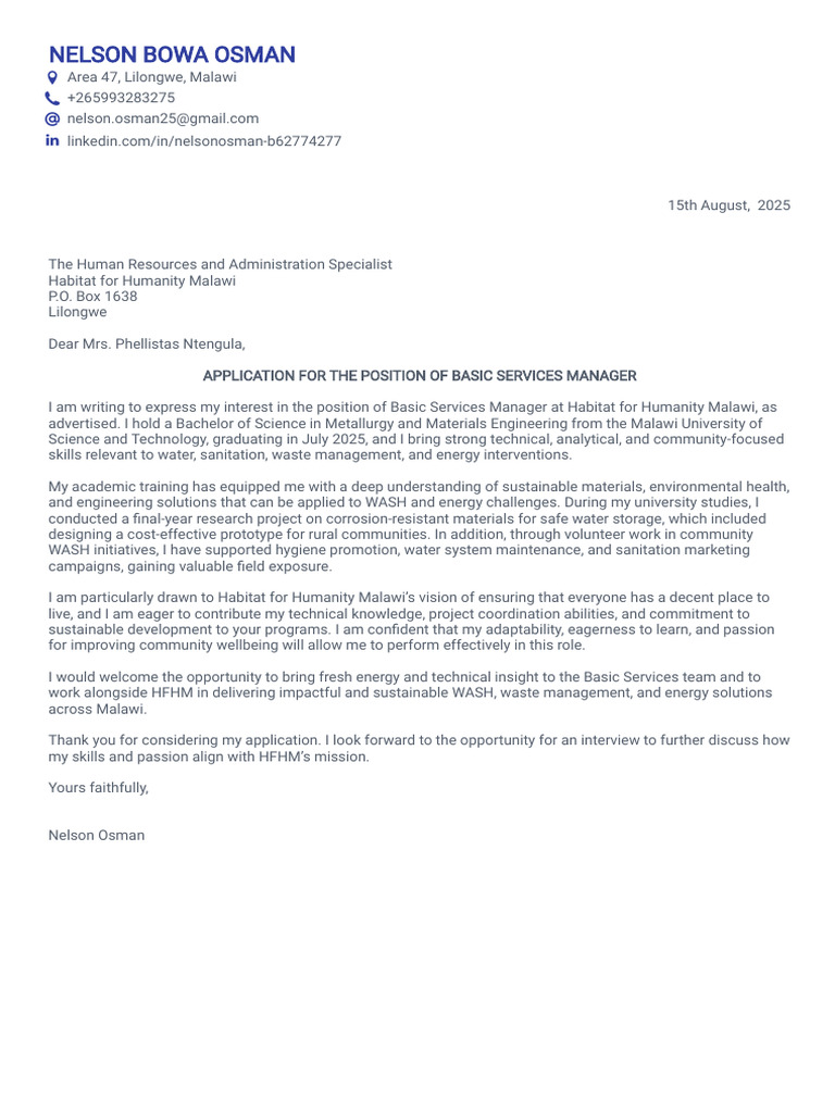 Nelson Osman BasicServicesManager CV | PDF | Wash