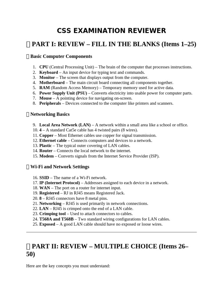 CSS Examination Reviewer | PDF | Computer Network | Local Area Network