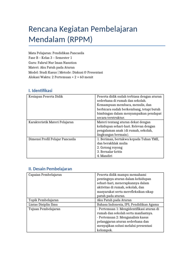 RPPM Pendidikan Pancasila Kelas 3 | PDF