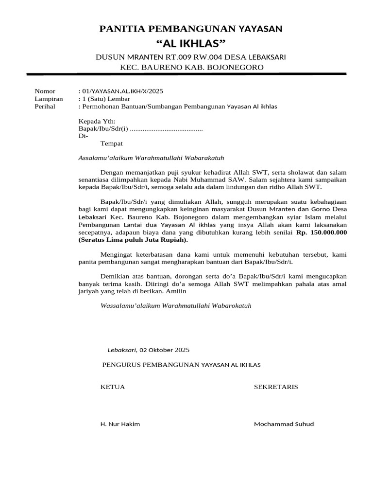 Permohonan Sumbangan Yayasan Al Ikhlas | PDF
