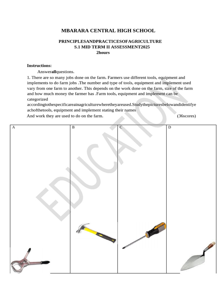 Agriculture Assessment for S.1 Students | PDF