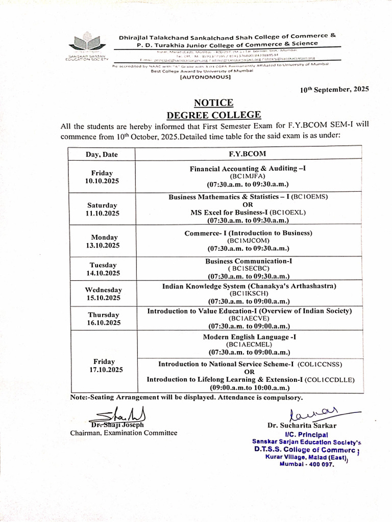 Bcom First Semester Exam Time Table | PDF