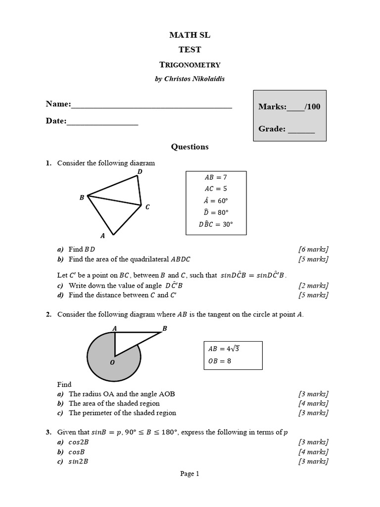 Trigonometry Test for Math SL Students | PDF | Inequality (Mathematics ...