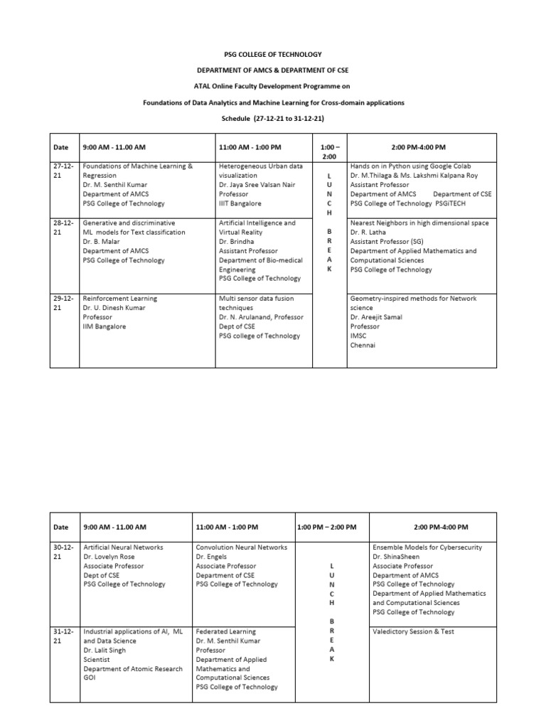 Programme Schedule - ATAL - FDP | PDF | Machine Learning | Artificial ...