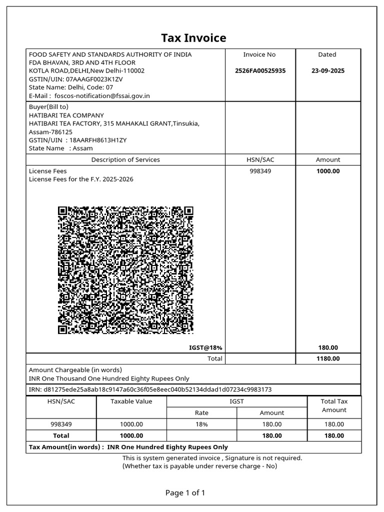 Tax Invoice for License Fees 2025-26 | PDF