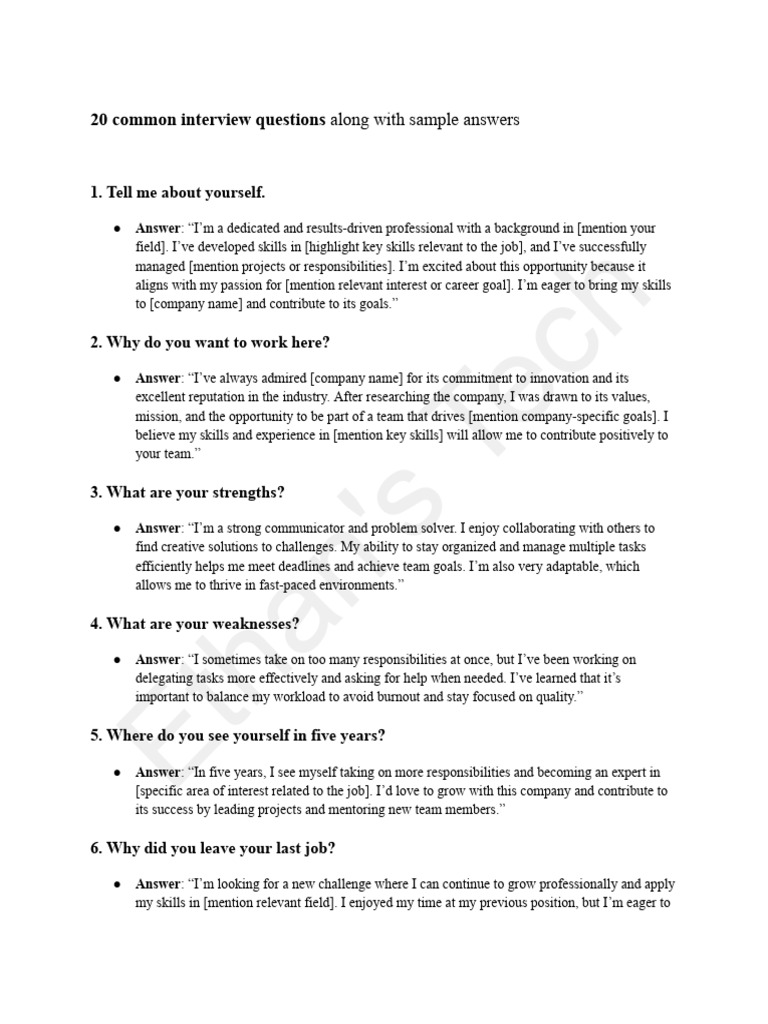 20 Common Interview Questions | PDF | Time Management | Professional Skills