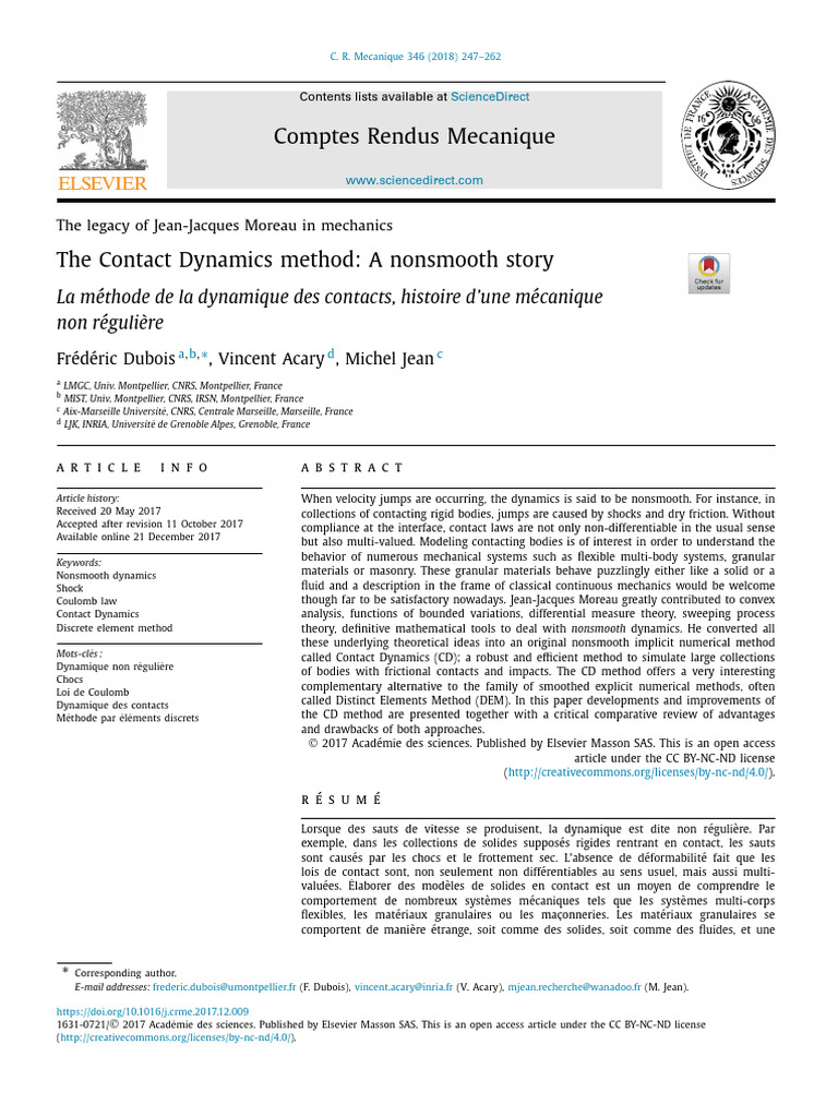 La Méthode de La Dynamique Des Contacts, Histoire D'une Mécanique Non ...