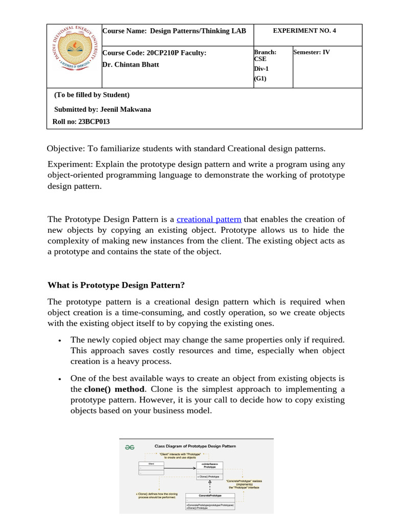 Experiment 4 - Prototype Design Pattern | PDF | Class (Computer ...