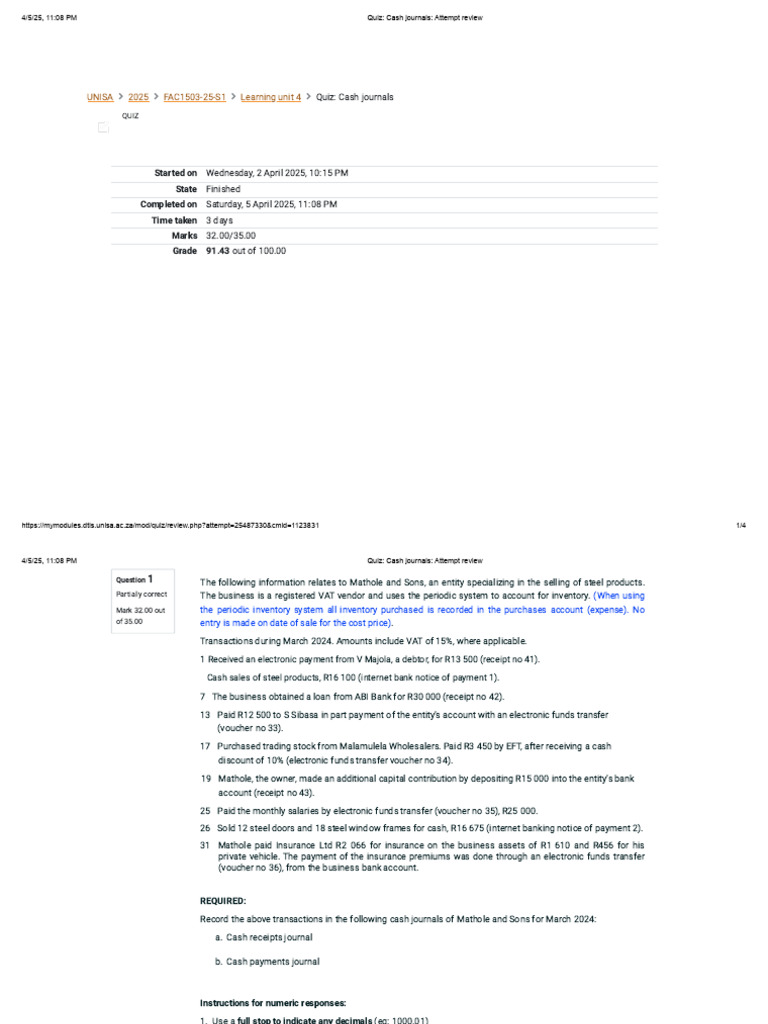 Cash Journals Quiz for Mathole and Sons | PDF | Receipt | Cash