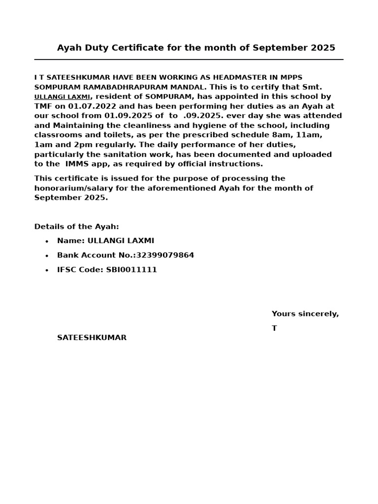 Ayah Duty Certificate For The Month of September 2025 | PDF