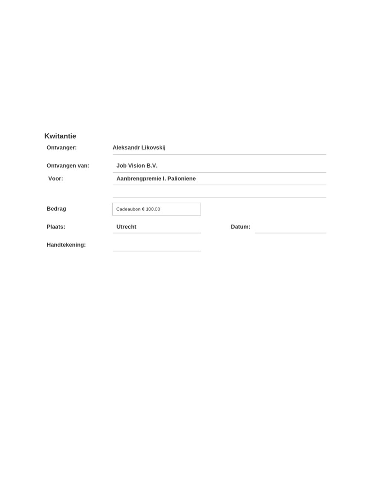 Kwitantie Voor Ontvangst Aanbrengpremie | PDF