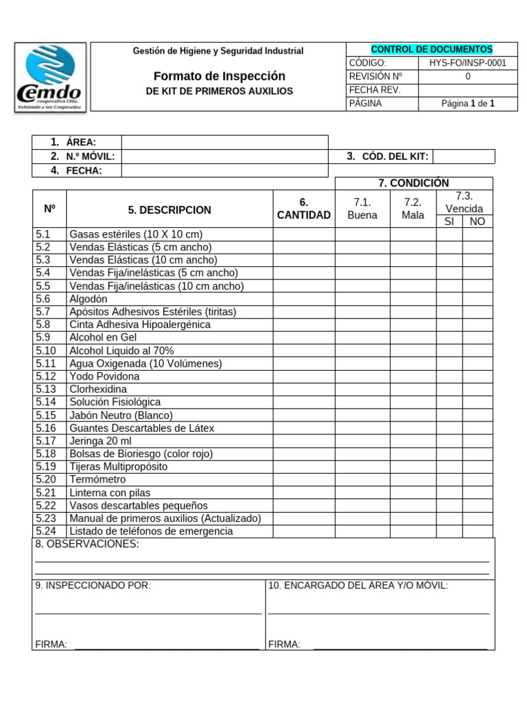 Formato de Inspeccion de Botiquin Primeros Auxilios | PDF